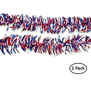 Patriotic Garland Decorations (2 Pack, 9 ft Each) - Tinsel in Metallic Red White and Blue for 4th of July Party, Veterans Day, Labor Day Holiday and More