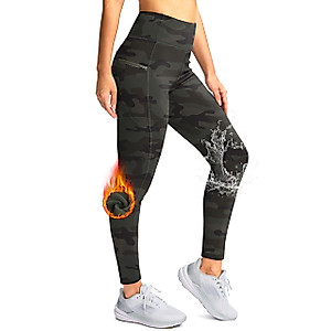 SANTINY Women's Fleece Lined Winter Leggings Water Resistant High Waisted Thermal Hiking Running Warm Pants Women Pockets(Green Camo_L)