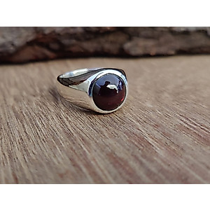 Mens Women Natural Garnet Ring, 10 MM Round Shape Gemstone, 925 Solid Sterling Silver Ring, 22k Gold fill, Signet Ring, Bohemian Ring, Statement Ring, Gift Ring (925 Solid Silver, 8)