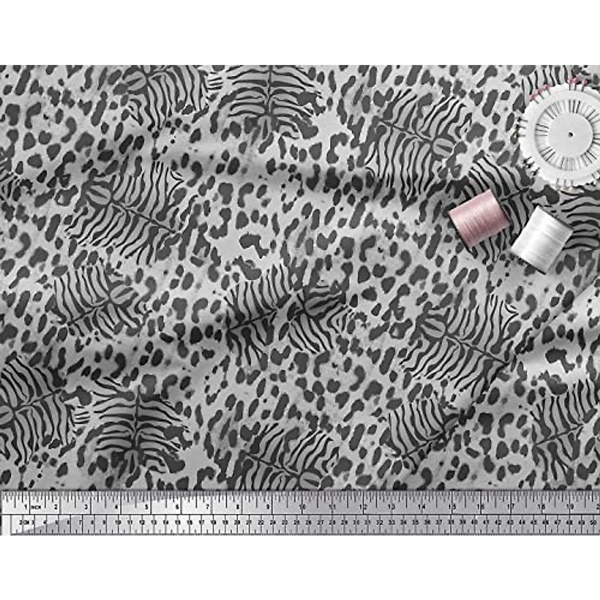 Soimoi Gray Cotton Canvas Fabric Leopard & Tiger Animal Skin Printed Fabric 1 Yard 44 Inch Wide