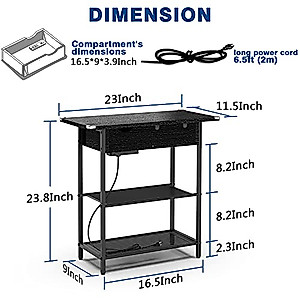 SAUCE ZHAN Sofa Side Table with USB Ports and Outlets, Narrow End Table with Storage Shelf for Small Spaces Bedside Nightstand with Charging Station for Living Room, Bedroom, Black
