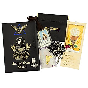 First Holy Communion Gift Set | Catholic Prayer Kit for Children | Includes Blessed Trinity Mass Missal, Bookmark, Rosary, Pouch, and Pin | Black or White for Boys and Girls (Black)