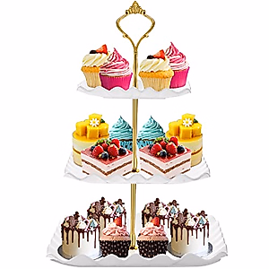 DAFURIET Dessert Cupcake Stand, 3 Tier Cup Cake Holder Tower for Tea Party/Birthday/Weeding, Plastic Tiered Serving Tray with Metal Rod (White)