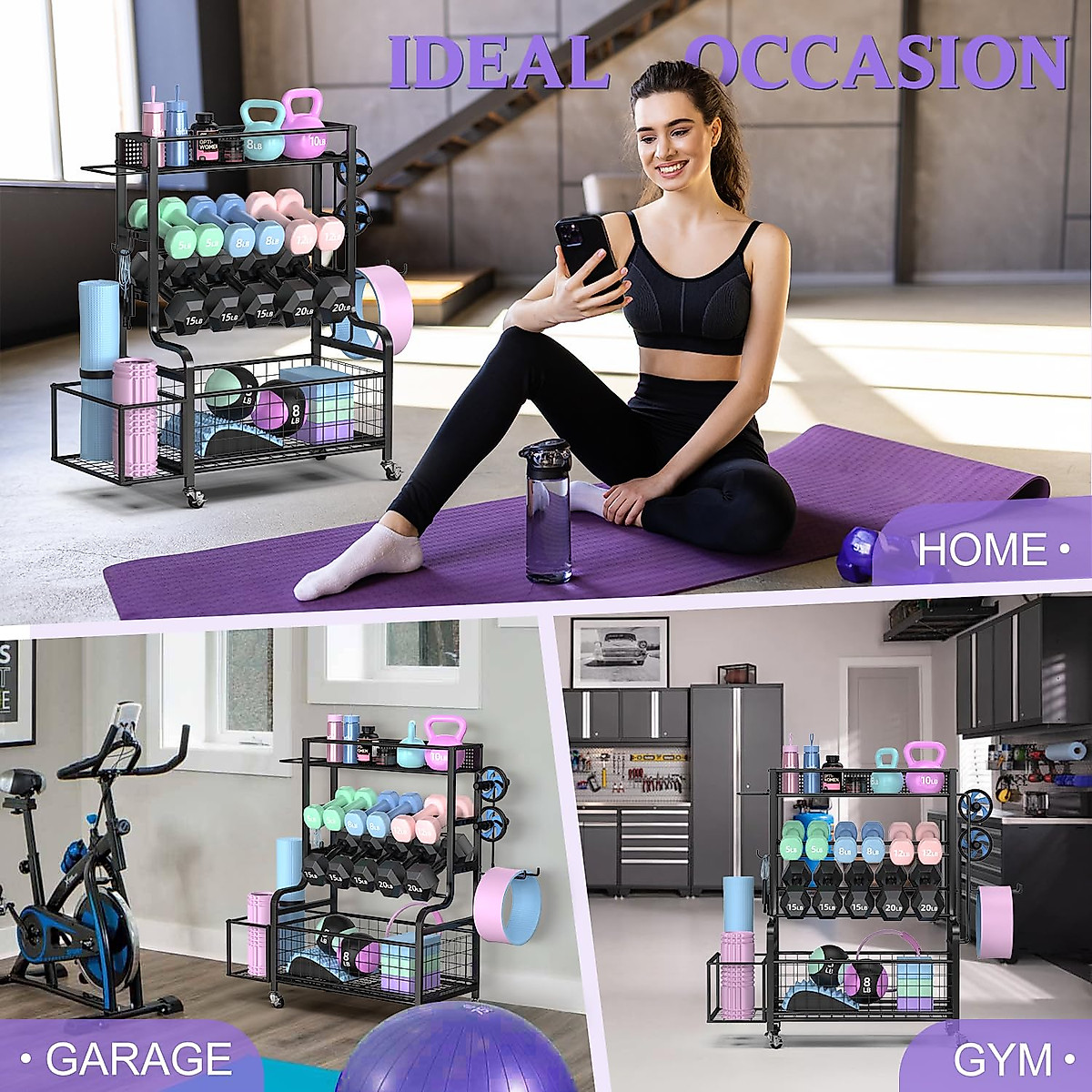 Dumbbell Rack, Weight Rack for Dumbbells, Home Gym Storage Rack for Yoga Mat Kettlebells Balls and Strength Training Equipment, Weight Storage Holder Rack for Dumbbells with Wheels and Hooks
