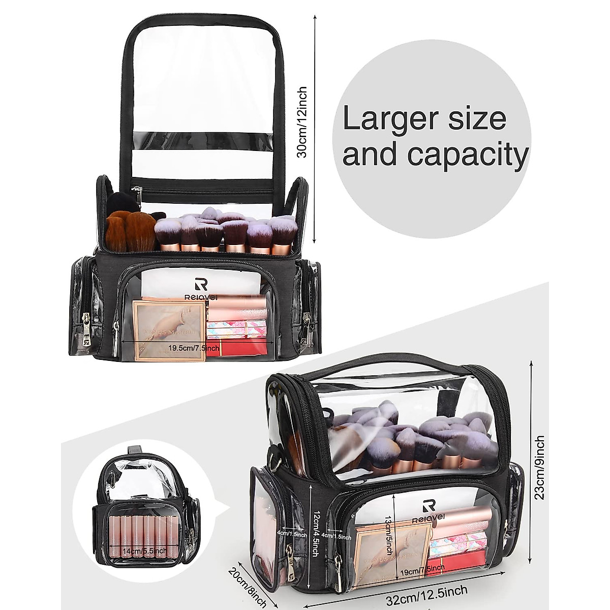 NAONAYA Makeup Brush Case, Large Makeup Brush Holder Professional Makeup Artist Travel Case Clear Waterproof Cosmetic Organizer Bag, Full Open Easy to Access, with Adjustable Strap and Dividers