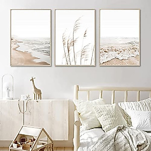 Beach Wall Art Boho Prints Coastal Canvas Wall Art UNFRAMED, Beach Pictures Wall Art Pampas Grass Ocean Poster Plant Landscape Beach Scene Artwork for Living Room Bedroom Decor 16x24 Inch, Set of 3