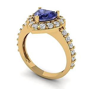 2.03 Carat heart cut blue simulated tanzanite 14k yellow gold engraving bridal engagement wedding halo ring size 5.25