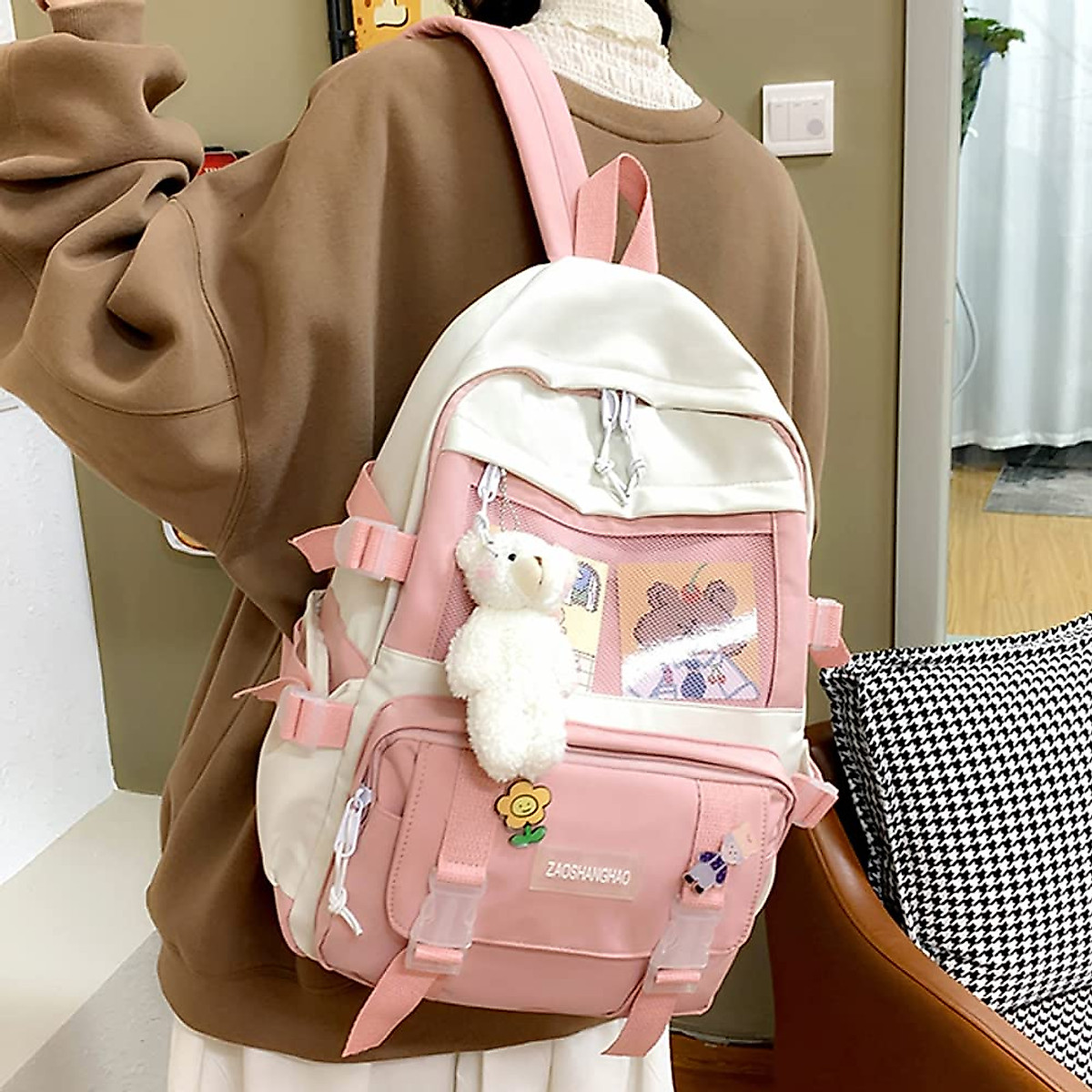 KOWVOWZ Kawaii Backpack with Pins Cute Aesthetic Plush Pendant for Girl Back to School Bag (Pink)