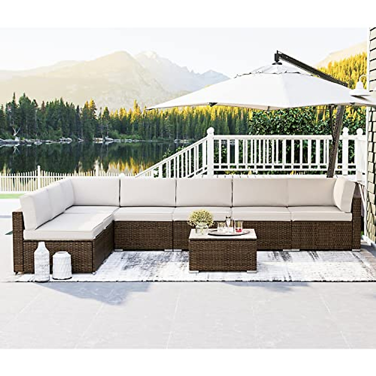 HOMPUS 8-Piece Outdoor Handwoven PE Rattan Wicker L-Shaped Corner Conversation Set Furniture Brown Patio Sectional Sofa Set w Beige Seat Cushions, Glass Coffee Table for Garden,Backyard,Pool
