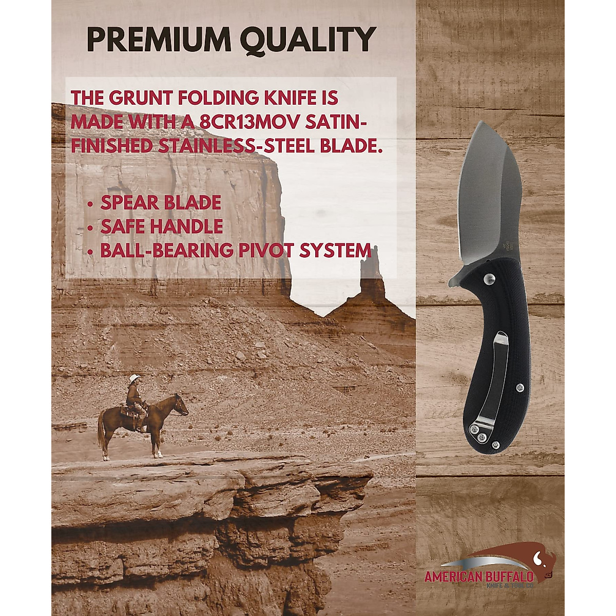 ABKT Grunt Elite Tactical Folding Hunting Skinning Pocket Knife – 2.75 Inch 8CR13MOV Stainless Steel Blade with 3 Inch G10 CNC Handle