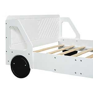 MiHunnor Kids Race Car Bed, Full Size Car-Shaped Platform Bed with Wheels, Wooden Low Platform Bed with Sturdy Slat Support for Boys Girls, No Box Spring Needed (White-002)