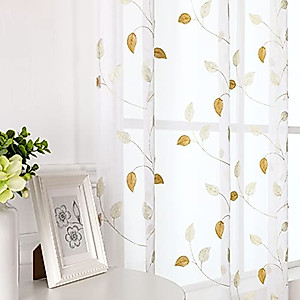 Fragrantex White and Yellow Sheer Curtains for Bedroom 95 inch Long 2 Panels Floral Embroidered Gold Leaf Silver Patterned Curtains & Drapes 3" Rod Pocket Window Treatment Set,38" Wx95 L