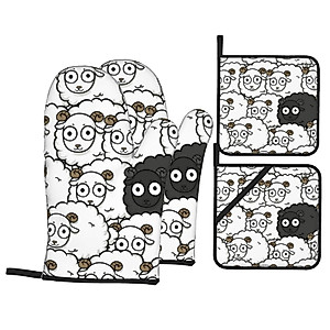 Cartoon Black White Sheep Printed Oven Mitt and Pot Holder Set, Washable Heat Resistant Oven Mitt for Kitchen Cooking Baking Grill