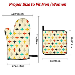 Modern Atomic Stars Retro Colors Oven Mitts and Pot Holders 4pcs Sets，Funny Kitchen High Heat Resistant Oven Mitts，with Oven Gloves and Hot Pads Pot Holders for Baking Cooking BBQ Grilling