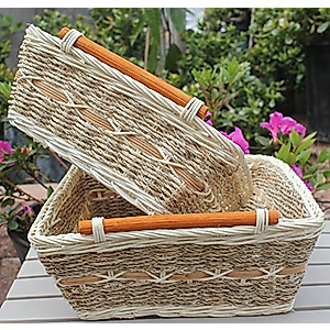 RT450180-2 Handwoven Retangular Wicker Storage basket with Handle in cream and brown (Set of 2)