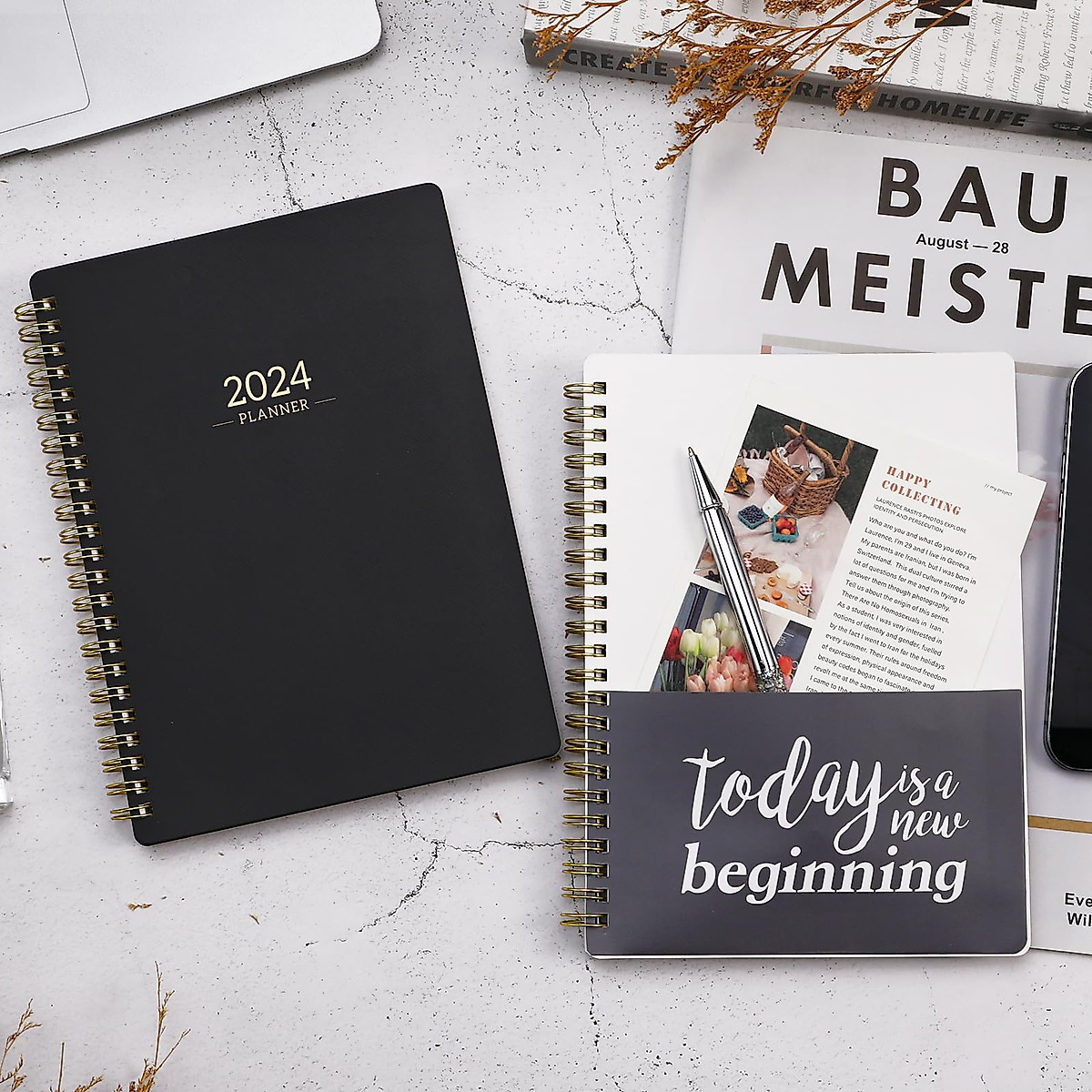 Planner 2024 - Planner/Calendar 2024, Jan.2024 - Dec.2024, 2024 Planner Weekly & Monthly with Tabs, 6.3" x 8.4", Hardcover + Back Pocket + Twin-Wire Binding, Daily Organizer - Mystic Black