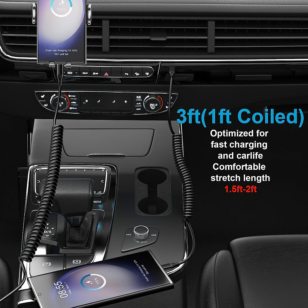 Retractable USB C Cable, 2Pack 3ft Coiled USB-C to Type C Fast Charge Cord for Car, USB-C Charging Cable for iPhone 15/15 Pro Max, Pixel 8 7 Pro 7a 6 5 4 XL,Samsung Galaxy S24 S23 Ultra S22 A54 A14 5G