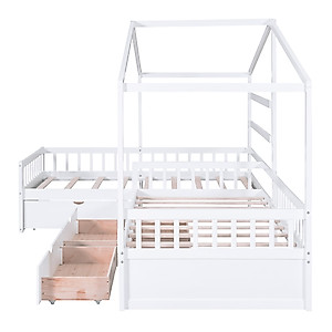 Lakifun L Shaped Bed Frame for Kids, Double Twin Corner House Bed with 3 Storage Drawers & Fence, Modern Solid Wood Platform Bed for Girls Boys Bedroom, Maximize Space (White)