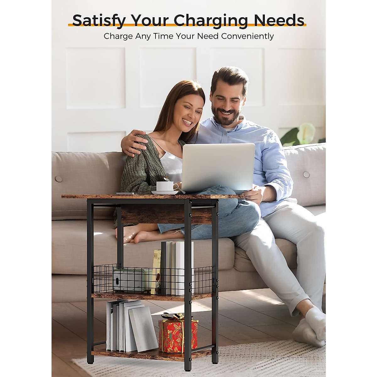 GiveBest End Table with Charging Station, Narrow Side Table with USB Ports and Outlets, Sofa Couch Table for Small Spaces, Slim Bedside Table Nightstand with Storage for Living Room Bedroom Office