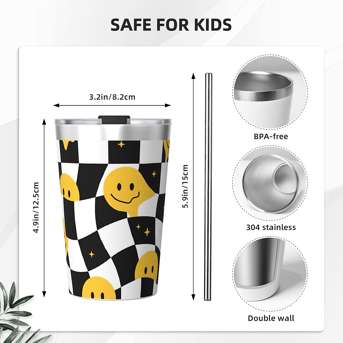 PAYOHTO Funny Melt Smile Faces Geometry Pattern Insulated Stainless Steel Tumbler 12 oz Thermos Come with Straw Kids Leak-Proof Travel Mug Cup