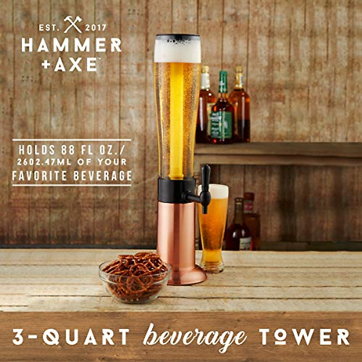 Hammer + Axe Beer Tower Drink Dispenser with Pro-Pour Tap and Freeze Tube to Keep Beverages Ice Cold, Perfect for Parties and Gameday, Home Bar Accessories, 2.75 Qt./2.6 L, Copper Finish, Holiday Gift