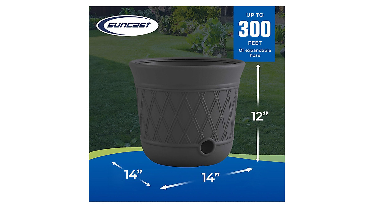Suncast Gray Resin Outdoor Hose Storage Pot | Weatherproof & Stylish
