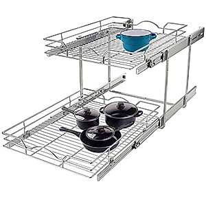 OCG 2 Tier Pull Out Cabinet Organizer (14" W x 21" D), Pull Out Drawers for Kitchen Cabinets, Pull Out Shelves for Base Cabinet Organization in Kitchen Bathroom Pantry, Chrome Finish