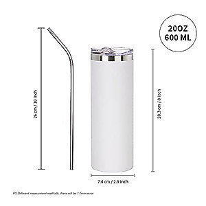 PYD Life Sublimation Blanks Tumbler Skinny Straight Matte White Powder Coating 20 OZ Coffee Stainless Steel Tumbler Cups with Lid and Metal Straw for Tumbler Heat Press 4 Pack