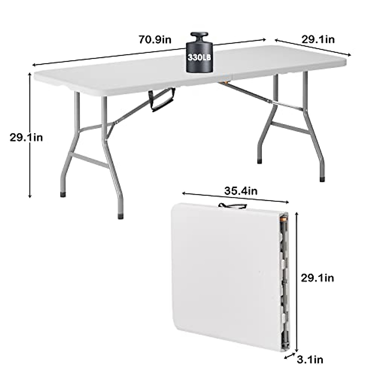 DlandHome Folding Table 6ft, Heavy Duty Plastic Foldable Table with Handle,Plastic Dining Table Indoor Outdoor for Camping, Picnic and Party,Fold-in-Half,White