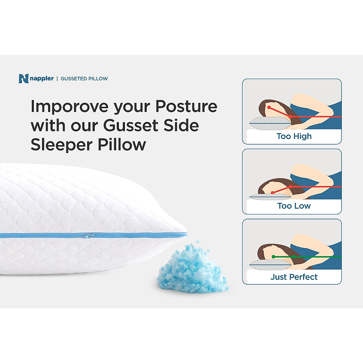 Nappler Side and Back Sleeper Pillow for Neck and Shoulder Pain Relief - Shredded Memory Foam Bed Pillow for Sleeping - 100% Adjustable Fill - Queen Size - Modal Washable Case. Extra Fill Included