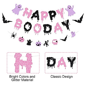 Amandir 120Pcs Pink Purple Halloween Birthday Party Decorations, Happy Boo Day Glitter Banner Ghost Bat Foil Balloons Garland Arch kit Cake Topper for Girl Kids Halloween Baby Shower Supplies