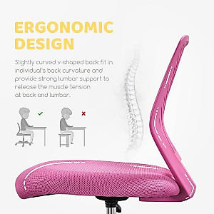 Yaheetech Students Cute Desk Chair Low-Back Armless Study Chair w/Lumbar Support Adjustable Swivel Chair in Home Bedroom School, Rose Red