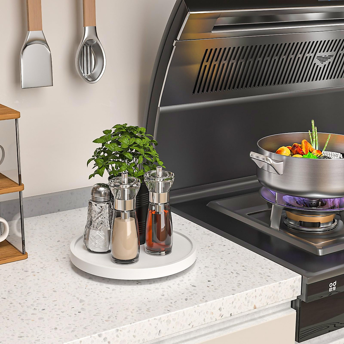 White Lazy Susan Organizer for Table Cabinet, 9 inch Bamboo Kitchen Countertop Organizer for Salt Olive Oil and Pepper Counter Sink Trays Wooden Turntable for Spice Soap Bottles Dining Room Decor