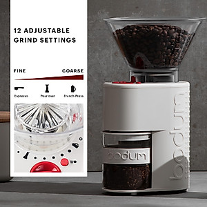 Bodum Bistro Electric Conical Burr Coffee Grinder, Preset Timer, 12 Grind Settings, White