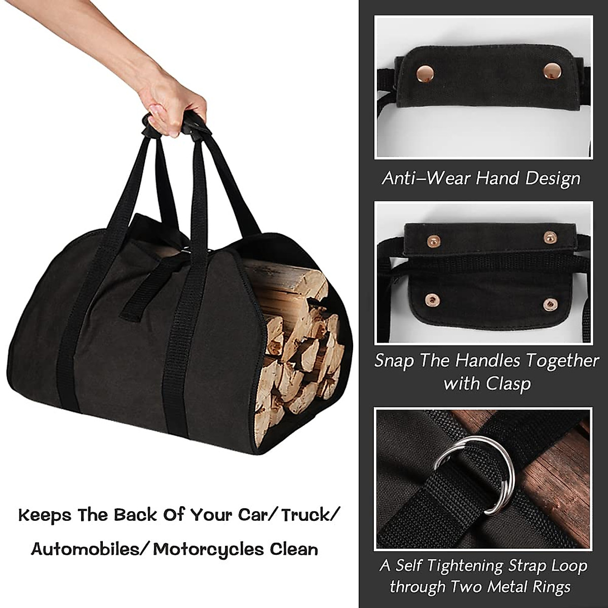 JOINDO Waxed Canvas Firewood Log Carrier, Large Log Tote Bag for Firewood, Heavy Duty Firewood Tote Bag, Water Resistant Wood Carrying Bag With Handles for Outdoor Camping Fireplace,Black