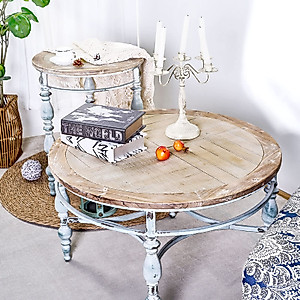 TIMBERMAVEN Rustic Farmhouse Round Coffee Table, French Country Vintage Center Table,φ31.5'' x18.9''H Rustic Solid Wood with Vintage Iron Legs, for Living Room, Bedroom,Dinning Room, White