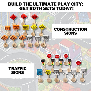 Attatoy Kids Wooden Street Signs Playset (14-Piece Set), Wood Traffic Signs Perfect for Car & Train Set