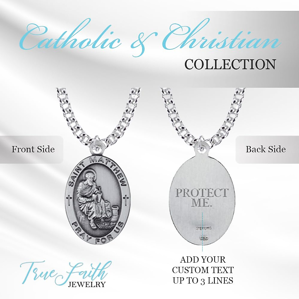 TrueFaithJewelry Sterling Silver St Matthew Medal Patron Saint Pendant Necklace Religious Jewelry, 7/8 Inch