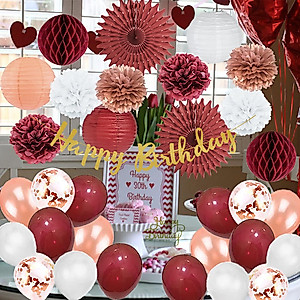 Rose Gold and Burgundy Birthday Party Decorations Rose Gold and White Pom Poms Lanterns Fans Balloons Decor Kit Burgundy Birthday Decorations for Women with Happy Birthday Banner Cake Topper Gold