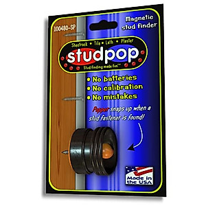 StudPoP Original Magnetic Stud Finder. Orange. Finds metal fasteners holding the wall to the studs. 1" diam moving magnet gives an audible click and a visual movement when fastener is found.