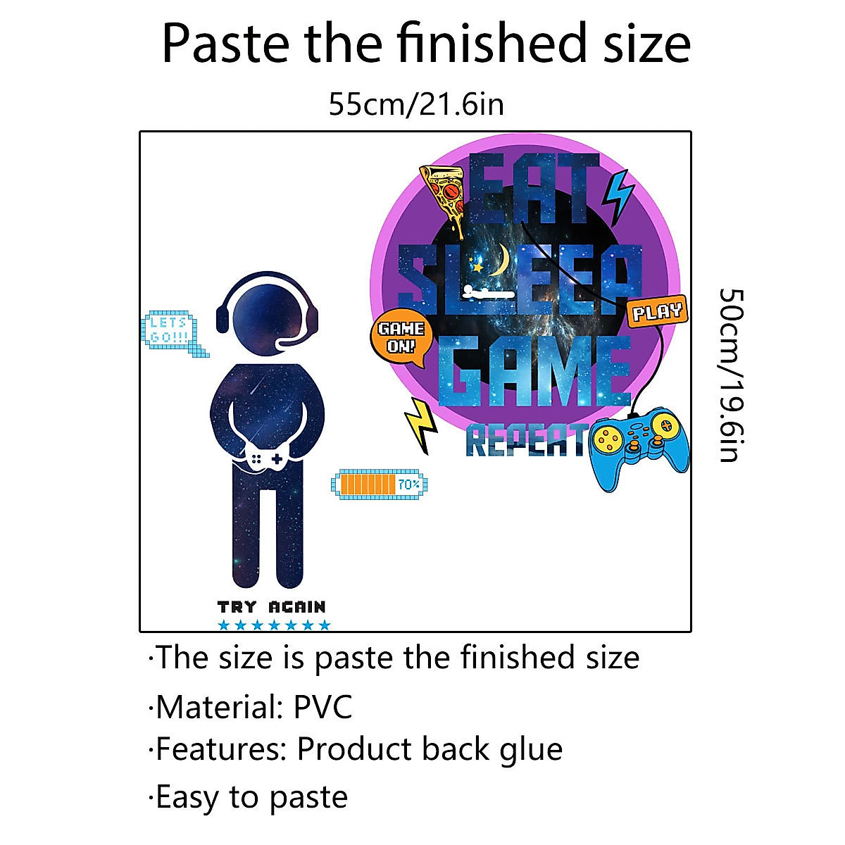 Gamer Room Decor Gaming Wall Decals Sticker, Boys Room Decals Video Game Decor Eat Sleep Game Wall Decal for Gamer Bedroom Playroom Decorations