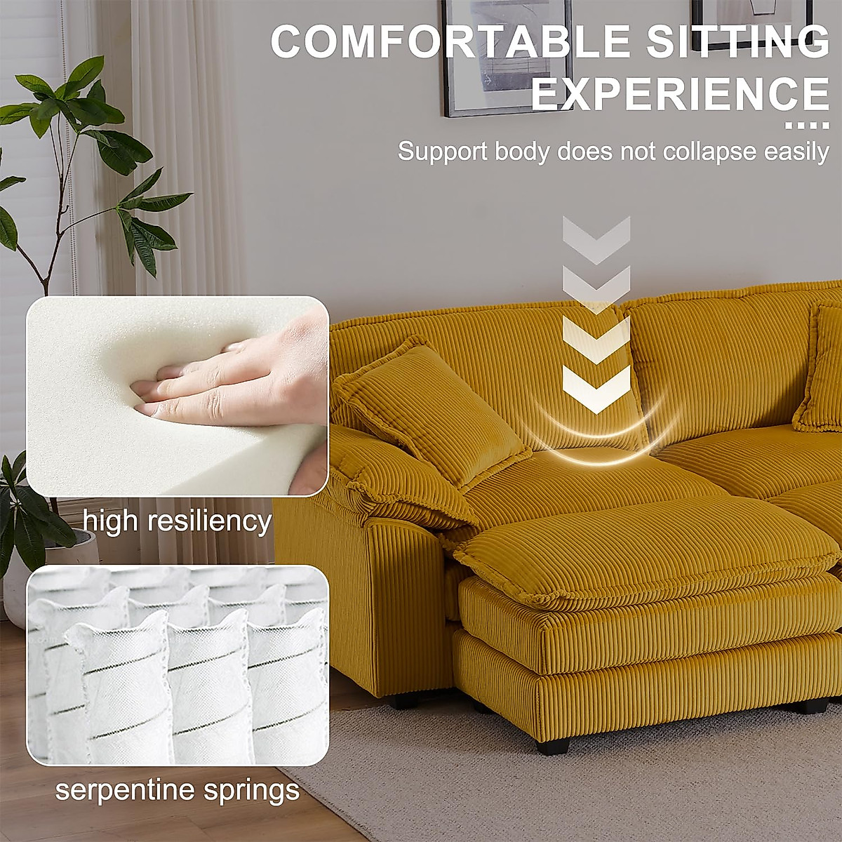 Corduroy Sectional Couch, 84“ Width Oversize Loveseat Sofa, Comfy Plush Cloud Couch Lounge Chair with Ottomans and 2 Pillows for Small Spaces, Living Room, Bedroom, Office Easy to Install (Yellow)