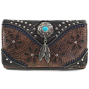 Zelris Floral Western Pu Tooled Leather Turquoise Concho Feathers Crossbody Trifold Wallet (Brown)