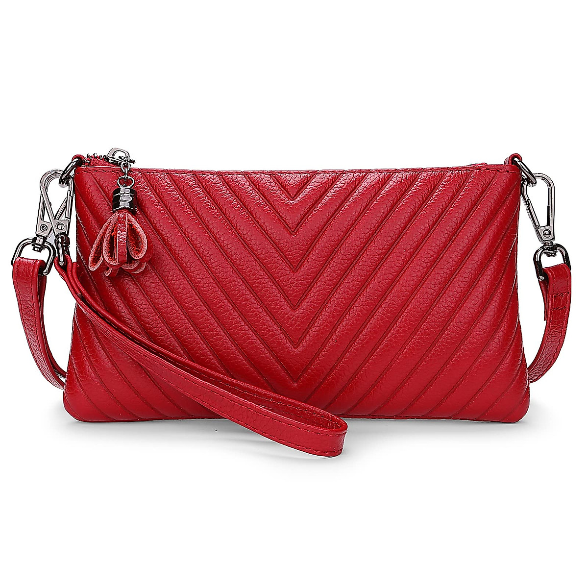 YALUXE Womens Wristlet Real Leather Chevron Tassel Large V Clutch Wallet with Shoulder Strap