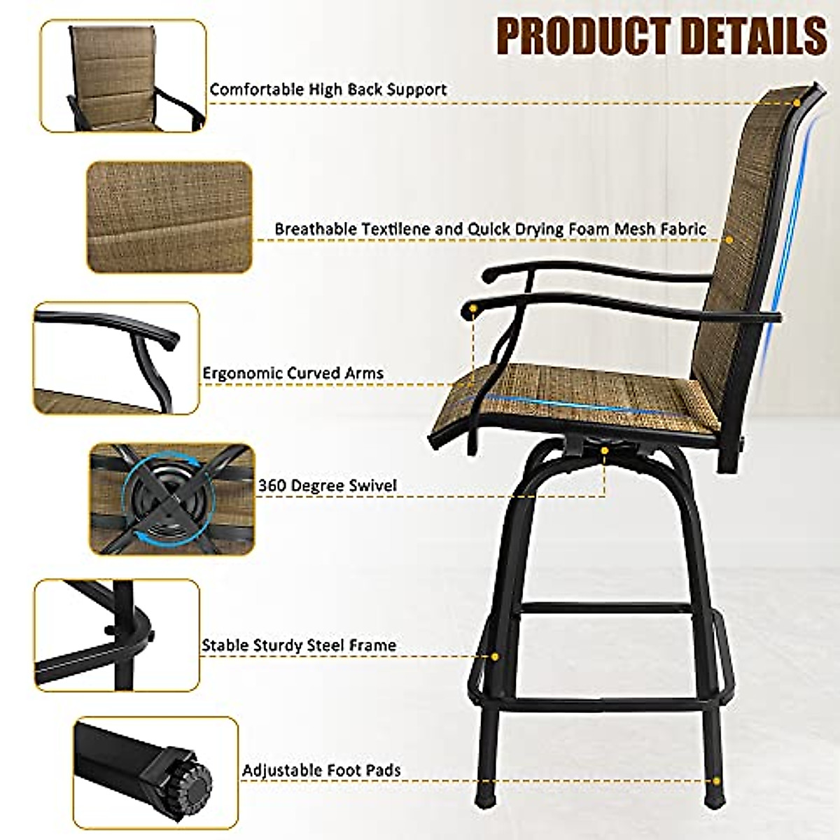 Bigroof Outdoor Swivel Bar Stools Set of 4, Bar Height Patio Chairs with Backs and Arms, All-Weather Textilene Padded Patio Furniture for Outdoor Porch, Deck, Yard, Lawn & Garden (4)