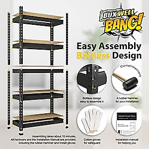 BuxWellBang 5-Shelf Heavy Duty Shelving - Adjustable Garage Storage Shelves, Metal Utility Storage Racks for Warehouse Pantry Basement Kitchen, Garage Organizers Shelf Unit, Black