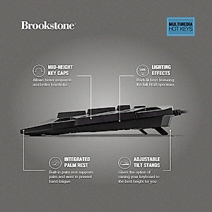 Brookstone USB Wired Gaming Keyboard with Multi-Color LED Backlit Keys and Numeric Keypad, Mac and PC Compatible (w/Palm Rest)