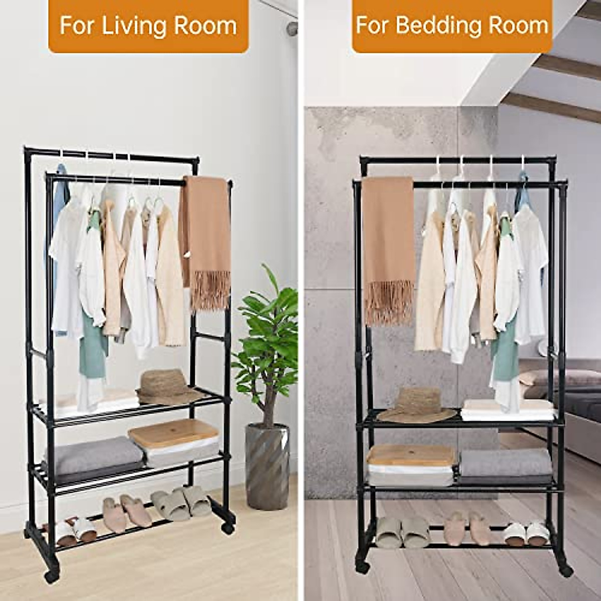 ZOES HOMEWARE Clothes Rack,Double Rod Clothing Rack on Wheels,Large Metal Heavy Duty Clothing Rack with 3 Shelves for Hanging Clothes,Black Rolling Clothes Rack, 65"x 31" x16"
