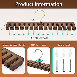 Wooden Belt Rack for Closet Wall Mount, Sturdy Belt Hanger Organizer Holds 14 Belts, Space Saving Belt Holder for Closet Door Wall, Walnut