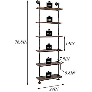 Industrial Pipe Bookshelves Rustic Wall Ladder Bookshelf Display Storage Stand Shelf Bookcase for Living Room, Kitchen, Office (6 Tier)